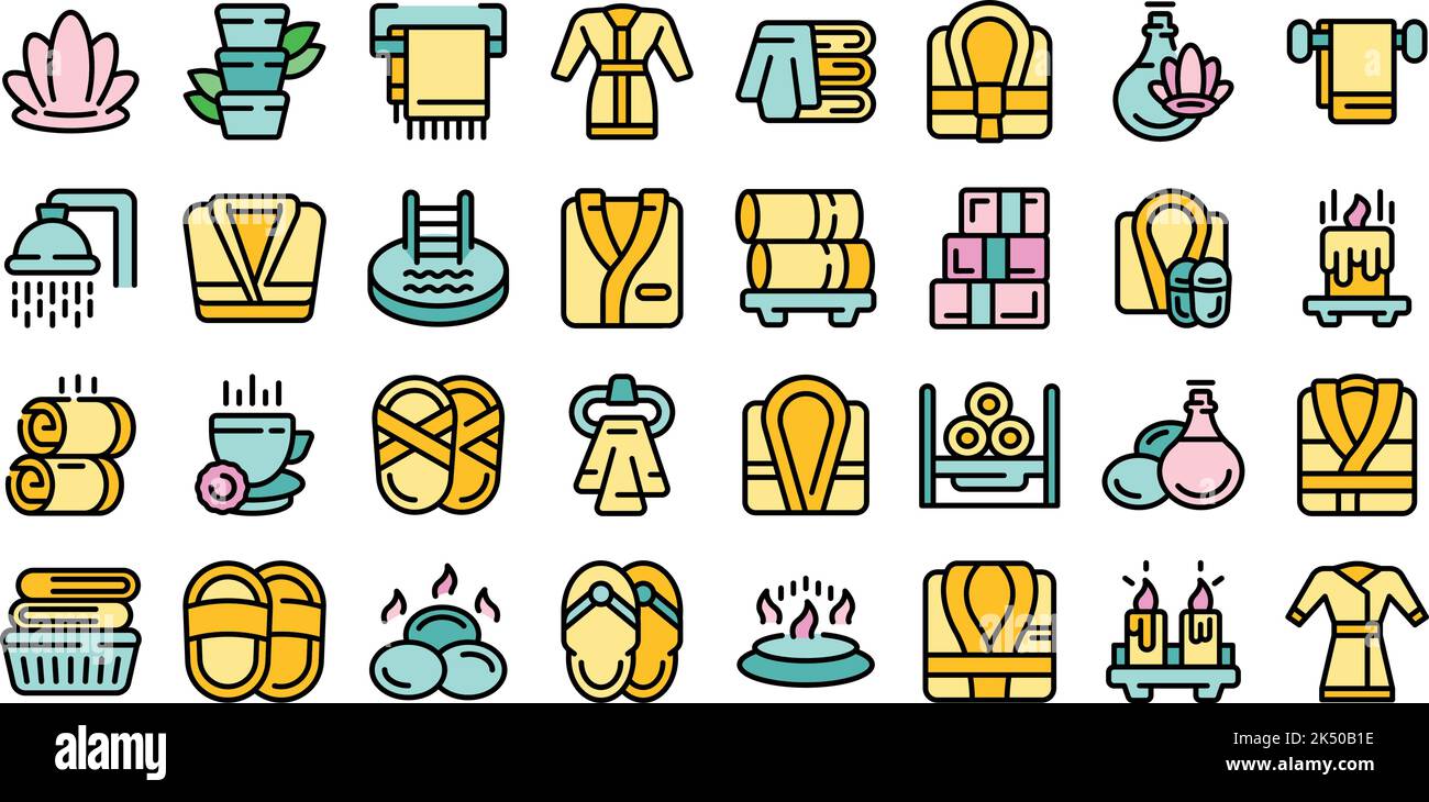 Spa clothing icons set outline vector. Rob bath. Belt soft thin line ...