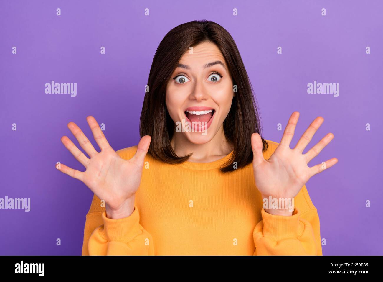 Closeup photo of young adorable cute pretty girlish woman wear orange ...