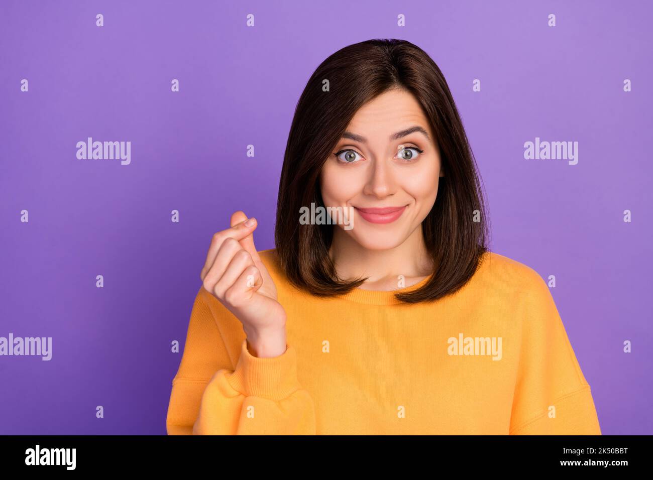 Closeup photo of young adorable cute gorgeous nice lady showing korean like symbol positive mood ...