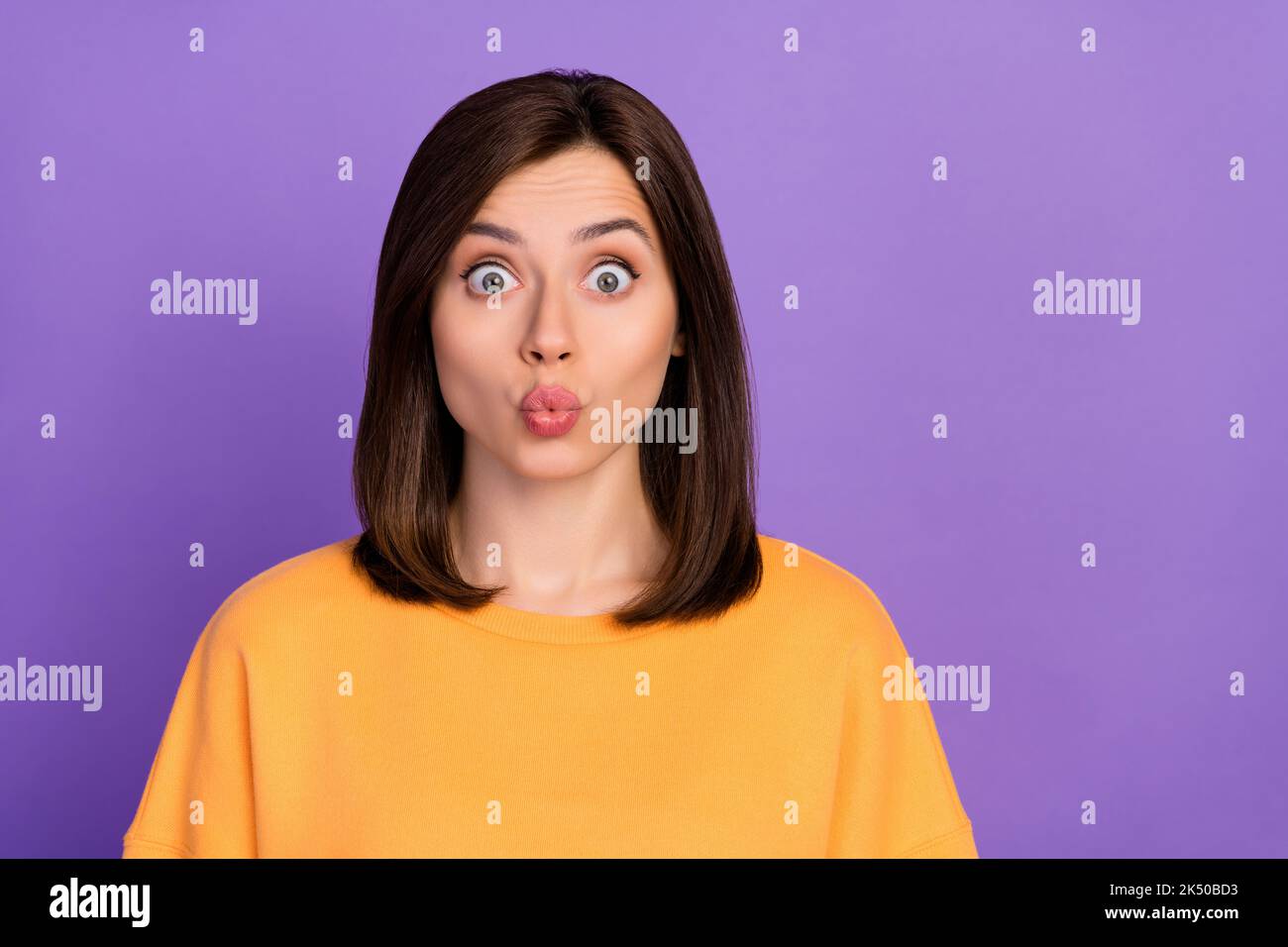 Closeup photo of young gorgeous nice pretty lady wear yellow sweater ...