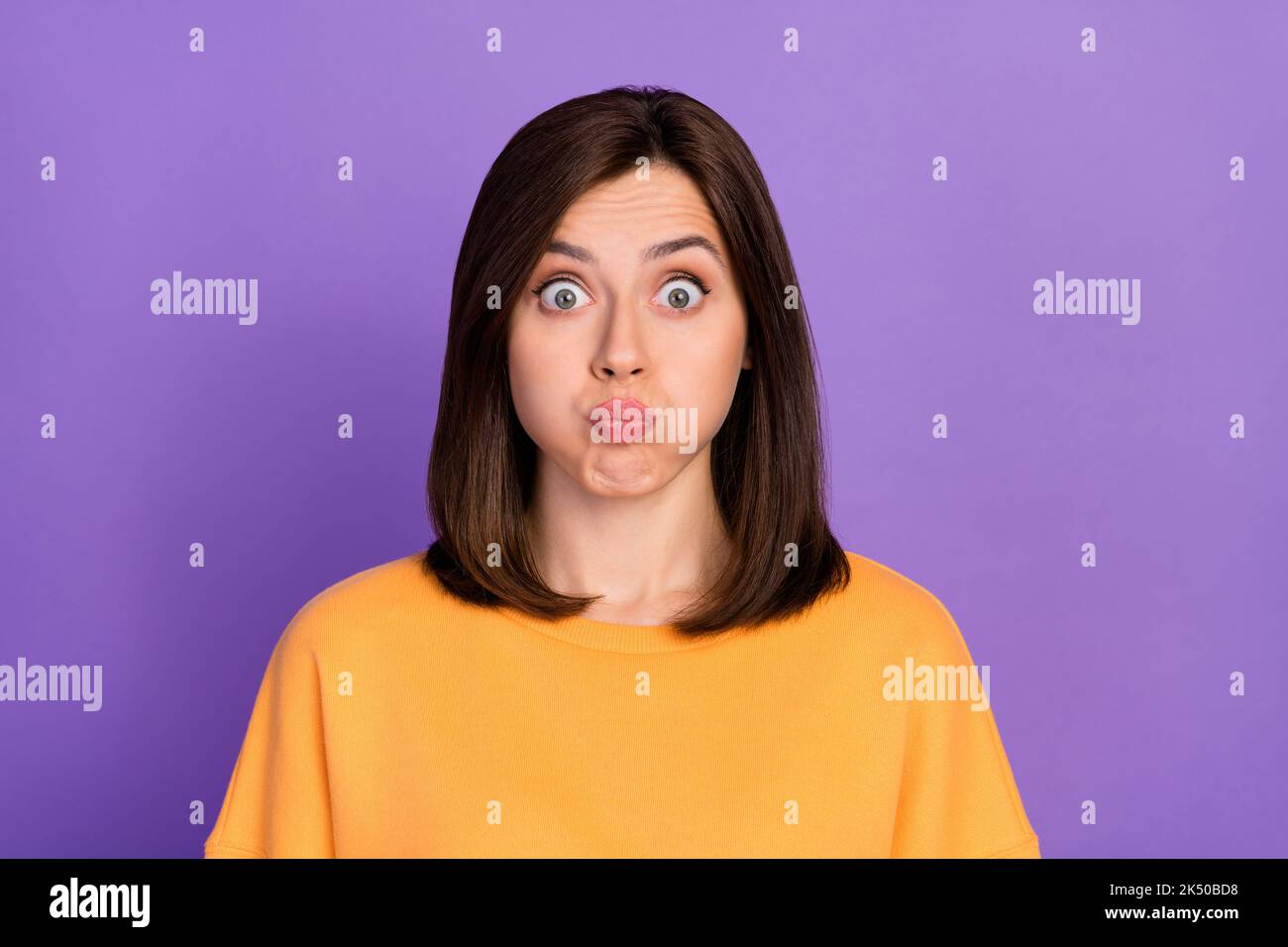 Closeup photo of young pretty adorable cute playful lady wear yellow ...