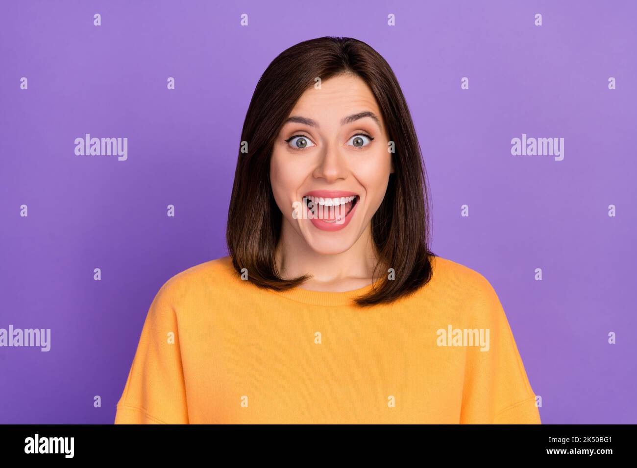 Closeup photo of young pretty girlish adorable lady bob brown hair ...
