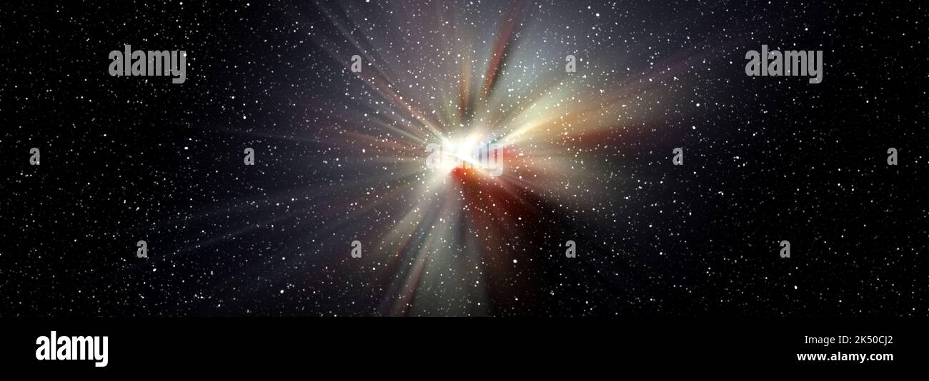 Burst of light in space. Night black starry sky horizontal background ...