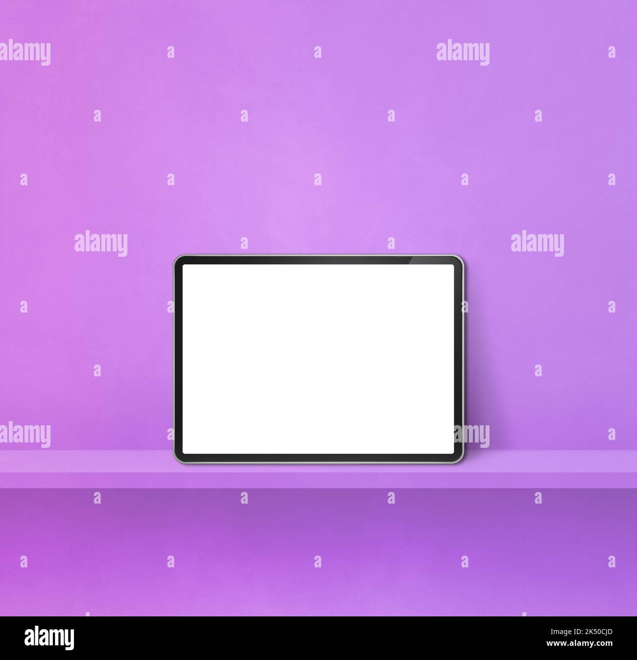 Digital tablet pc on purple wall shelf. Square background banner. 3D ...