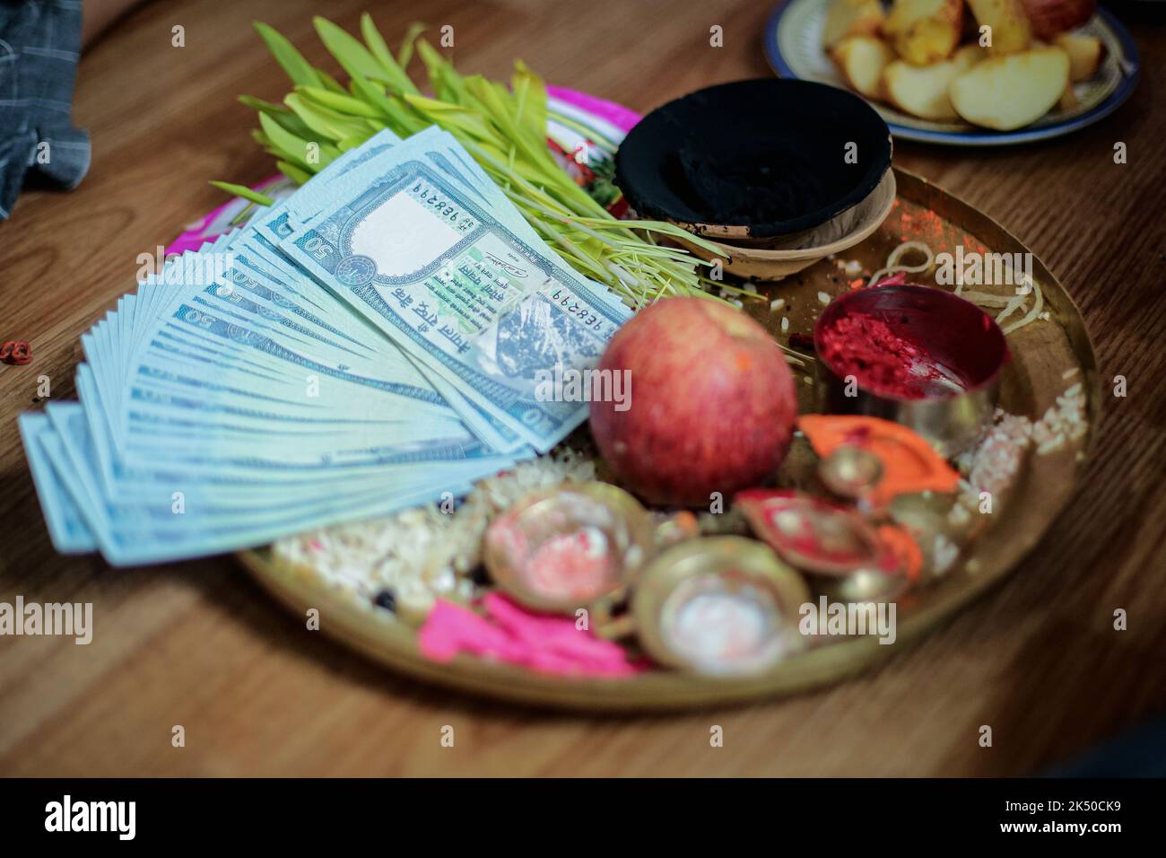 Nepal. 5th Oct, 2022. A special Tika and Jamara plate prepared for the ...