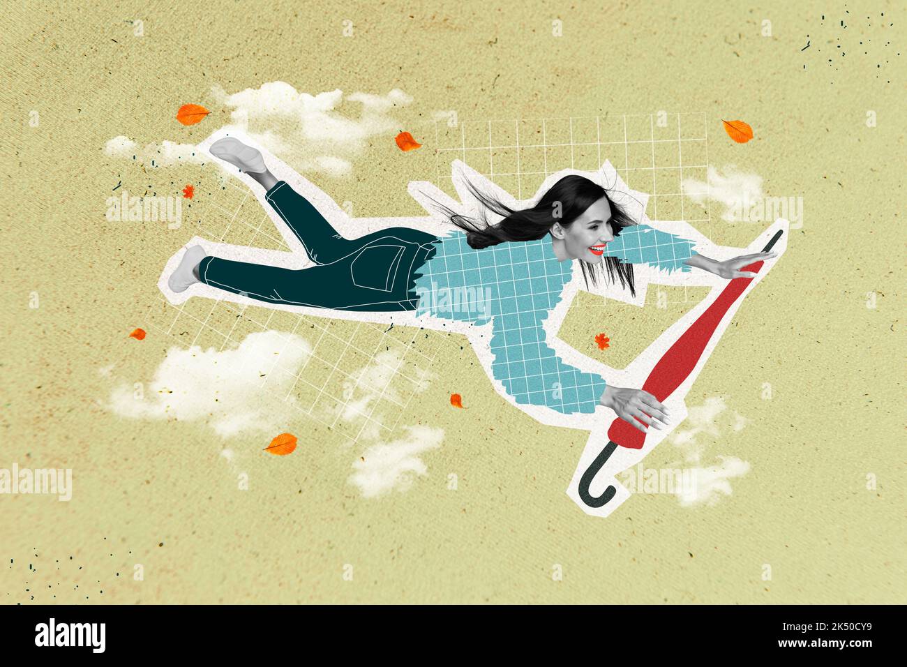 Creative abstract template graphics image of happy smiling lady flying ...