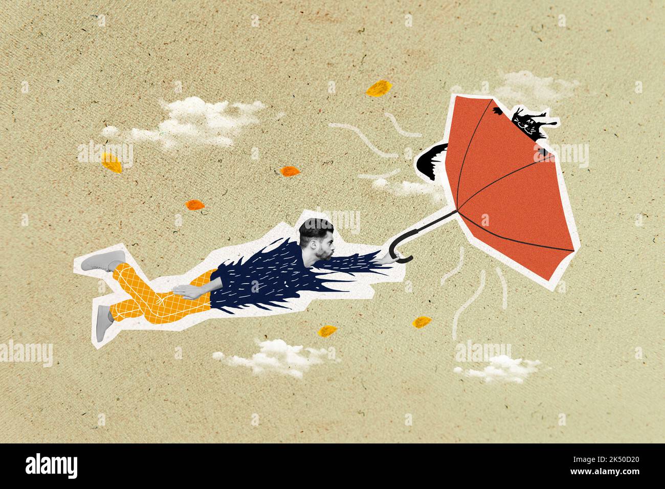 Artwork magazine picture of impressed guy cat flying parasol strong ...