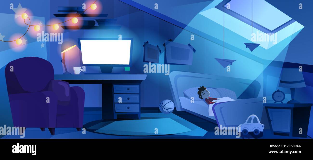 Boy sleep in bed at night room. Cartoom dark bedroom interior on attic ...