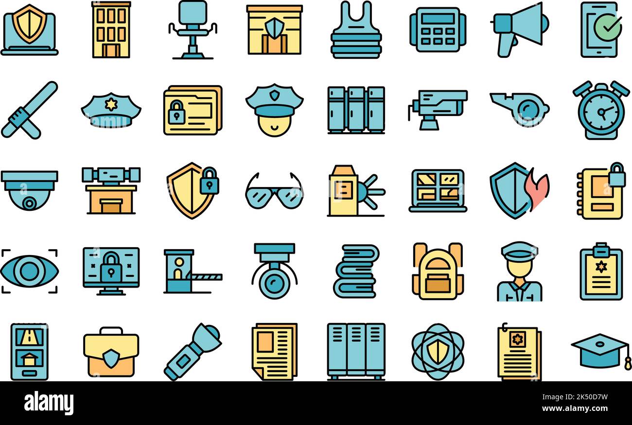 School security guard icons set outline vector. School cctv. Education ...
