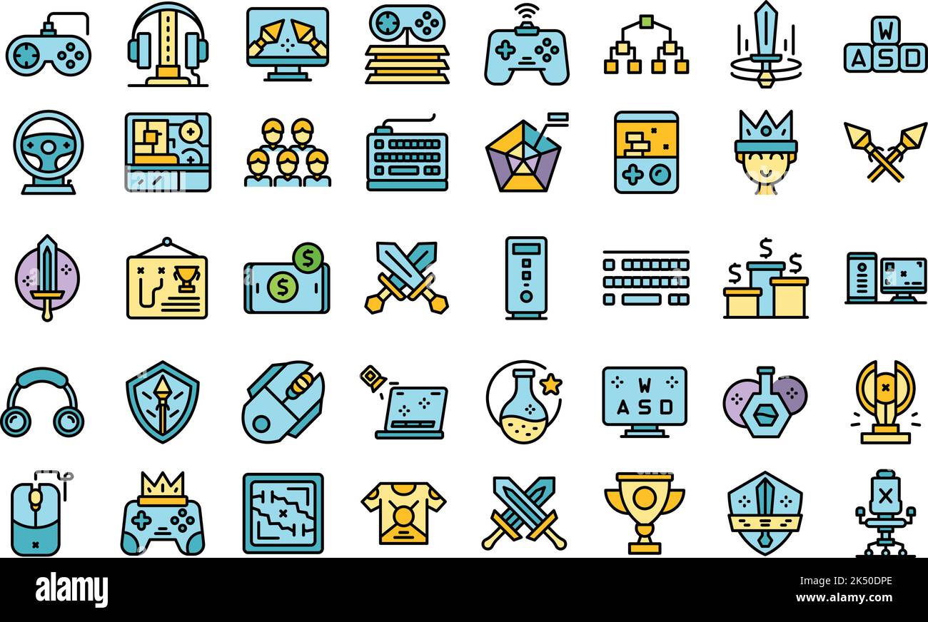E-sports icons set outline vector. Game computer. Console controller thin line color flat on ...