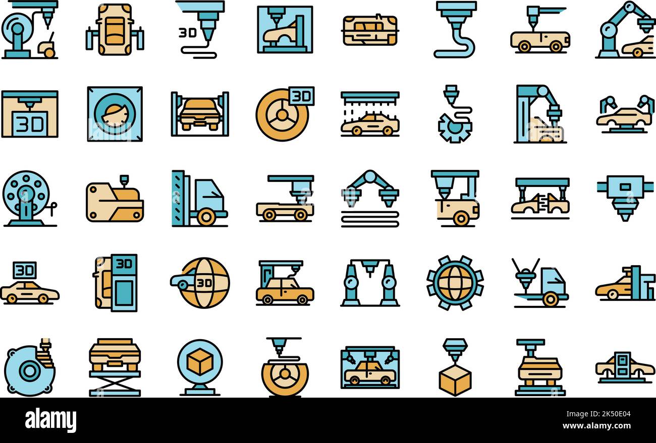 3D cars printing icons set outline vector. Computer printer. Car auto ...