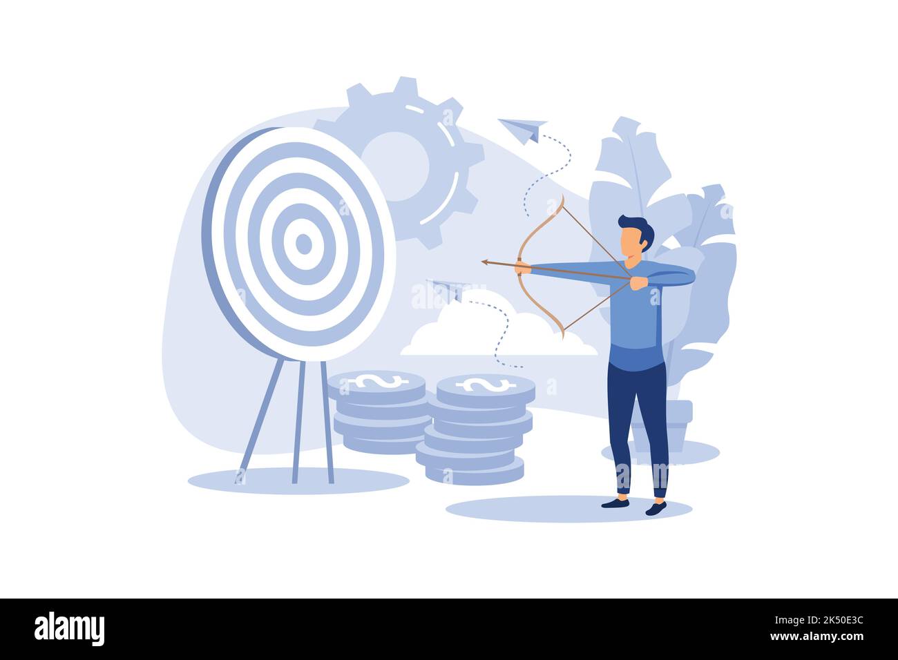 businessman archer aiming at a target, people run to their goal along ...
