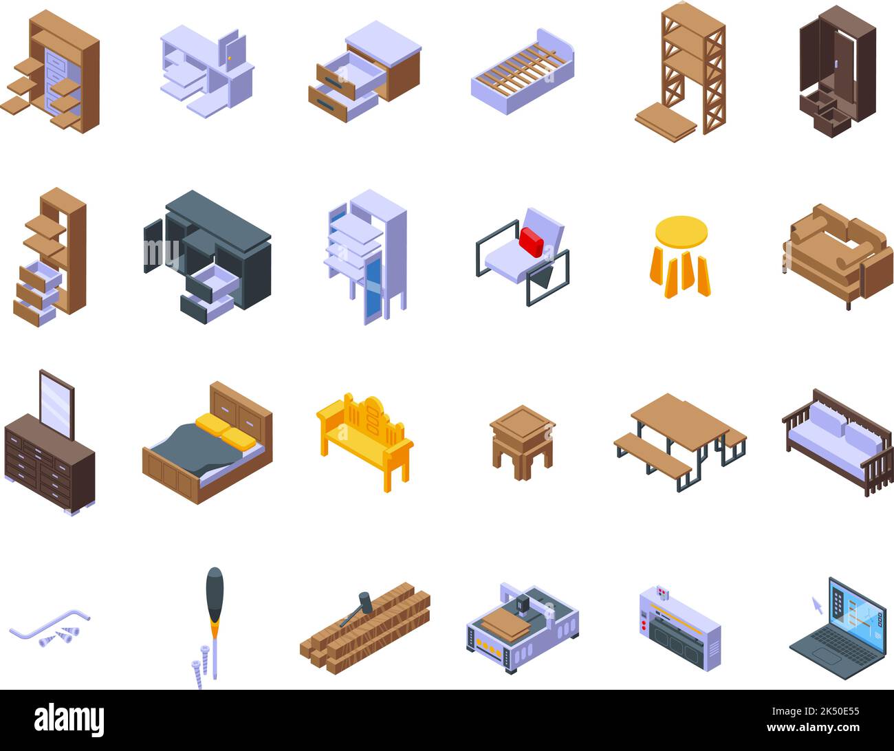 Furniture manufacture icons set isometric vector. Assemble making ...