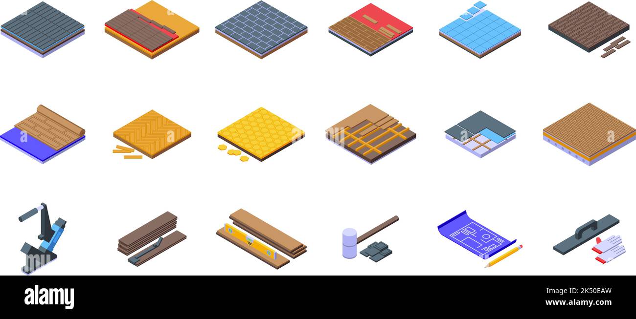 Floor installation icons set isometric vector. Wall wood. Material ...
