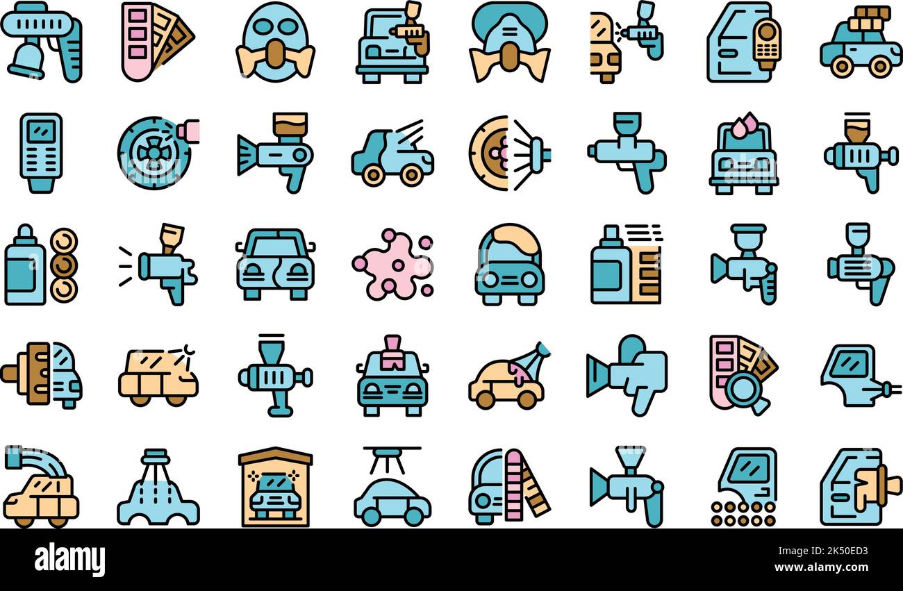 Car painting icons set outline vector. Spray garage. Machine mask thin ...
