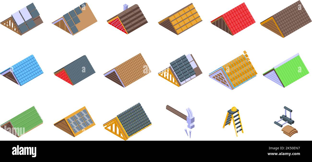 Install the roof icons set isometric vector. Safety builder ...