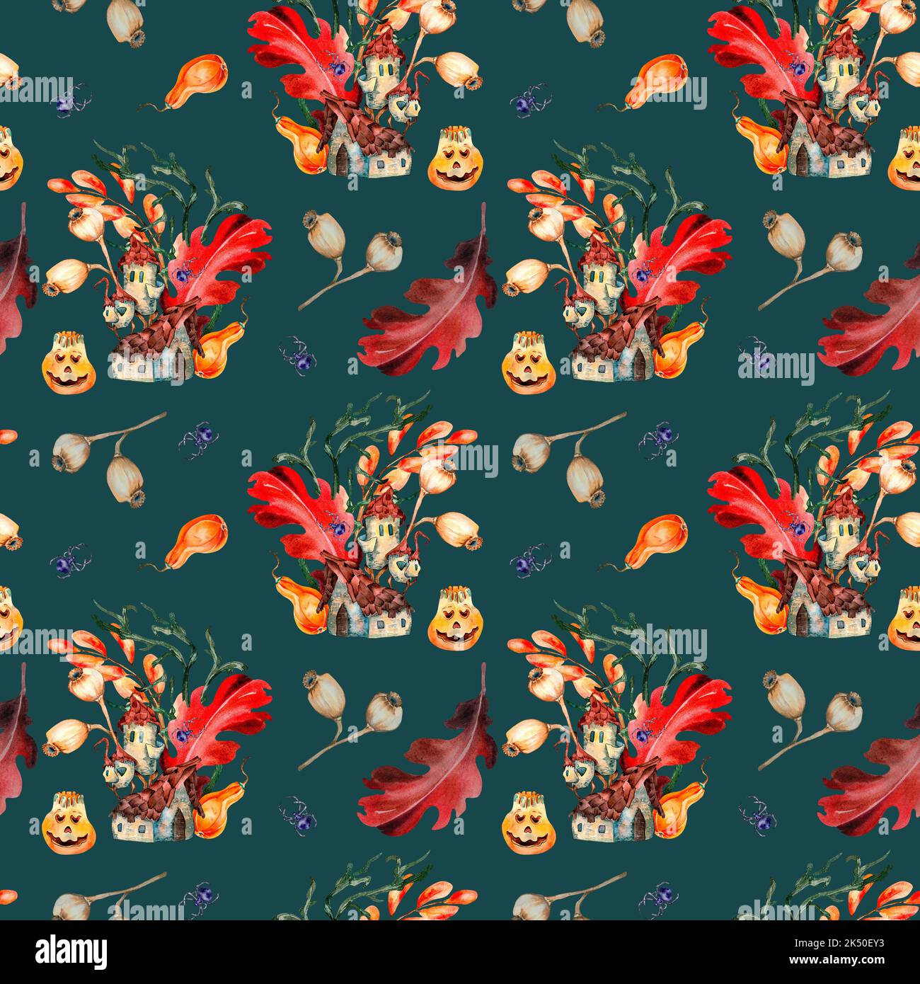 Colorful Halloween seamless pattern of cute house watercolor isolated ...