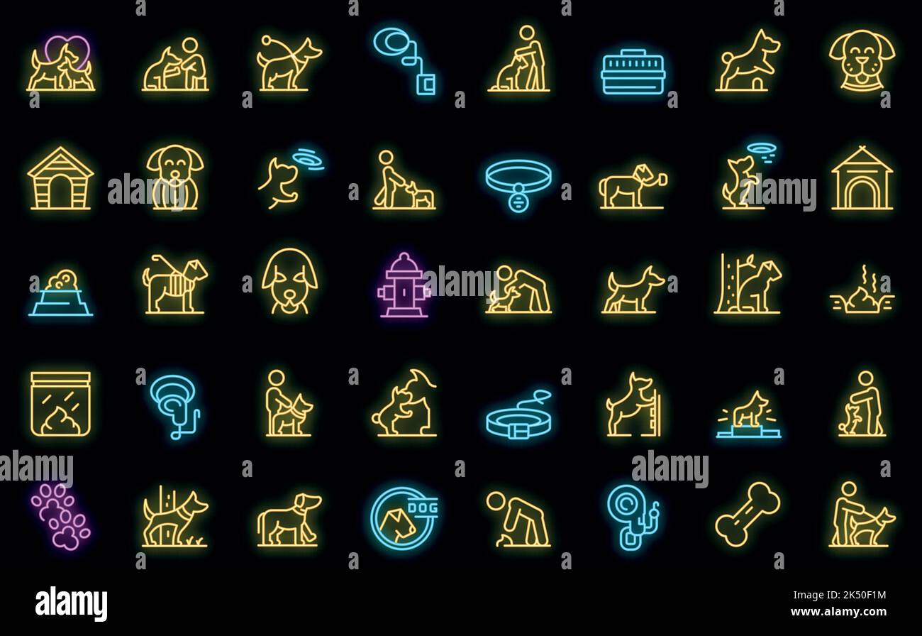 Dog walk icons set outline vector. Pet owner. Animal leash vector neon ...