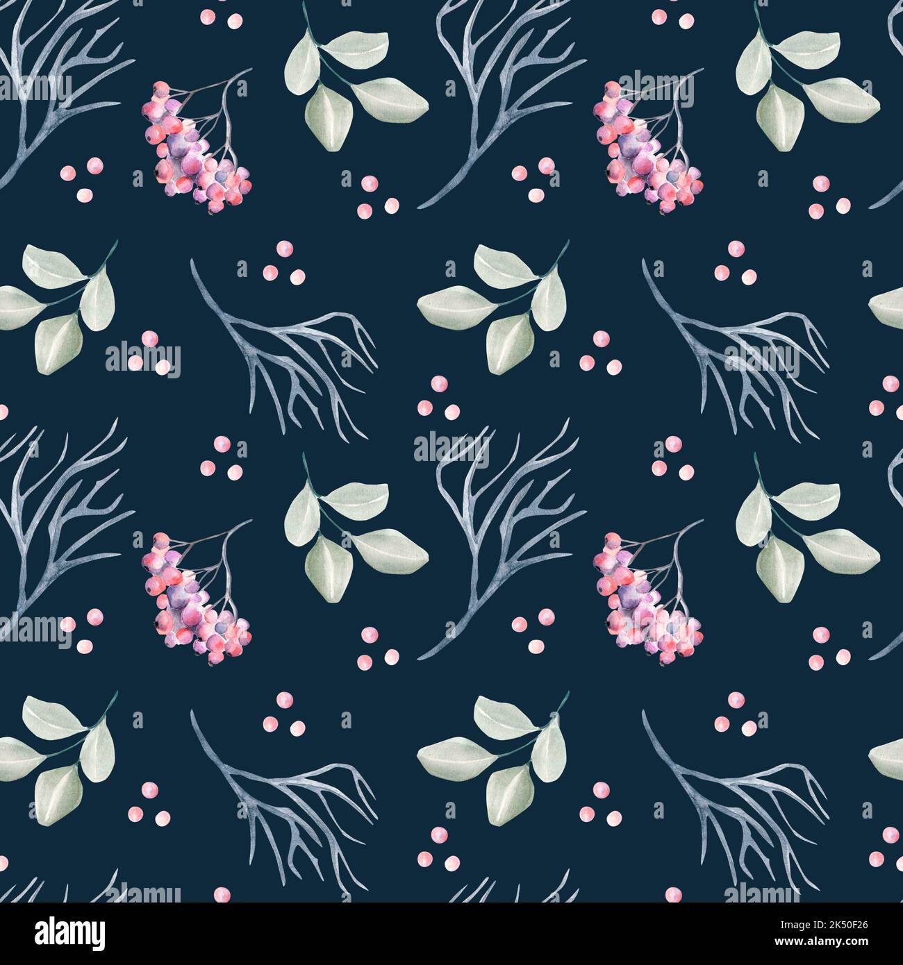 Winter plants, eucalyptus leaves watercolor seamless pattern isolated ...