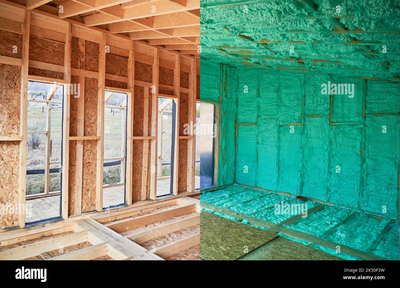 Photo collage before and after thermal insulation room in wooden frame ...