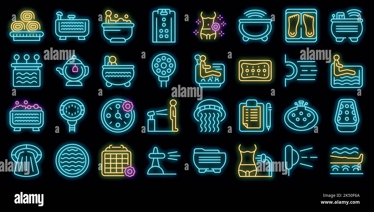 Hydro massage icons set outline vector. Aqua spa. Hydrotherapy park ...