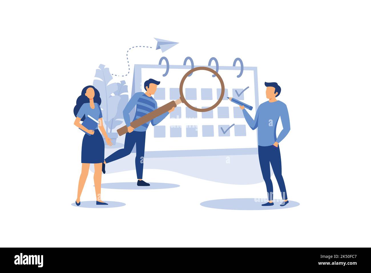 people characters make an online schedule in the tablet. design ...