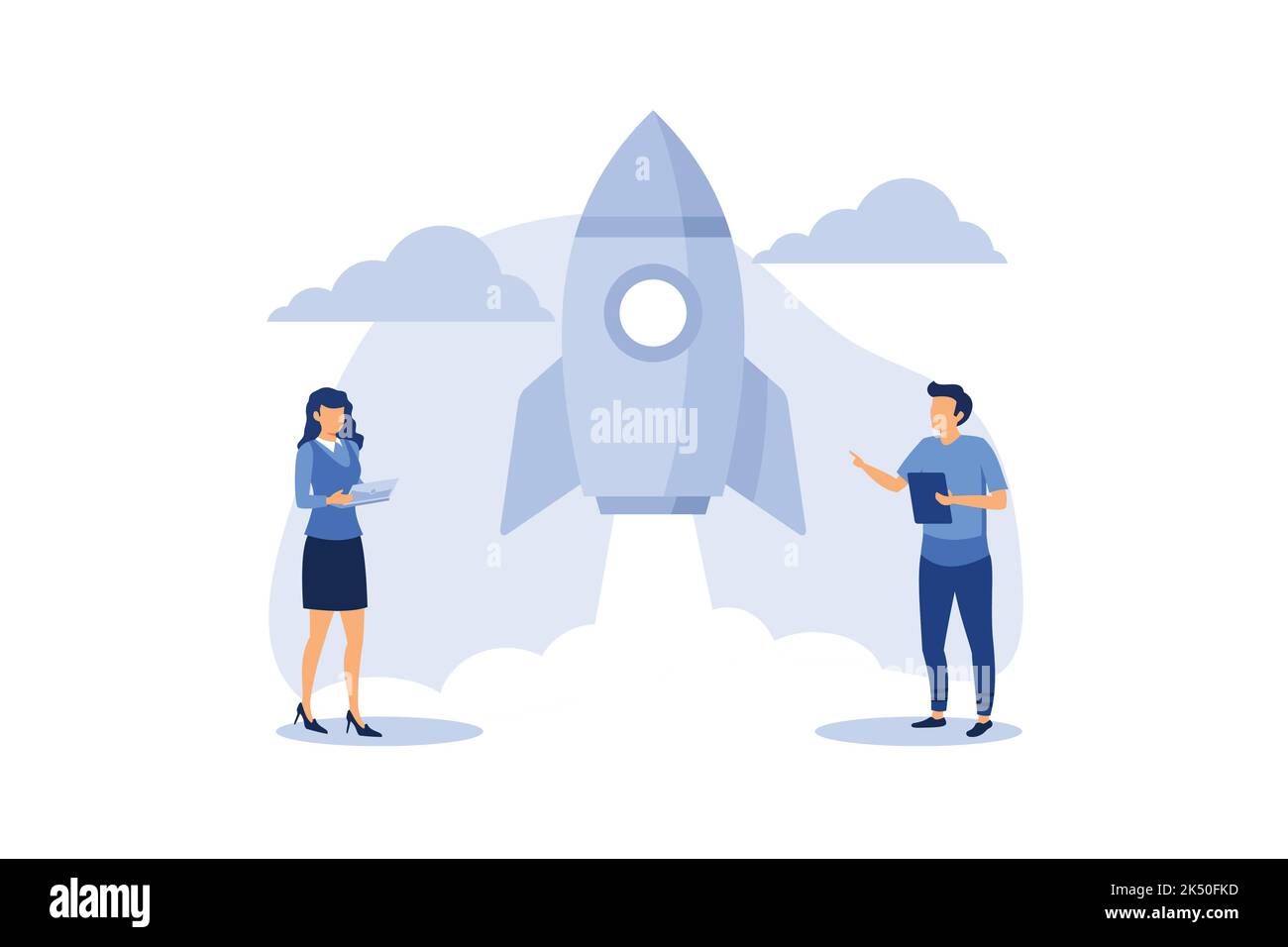 Start Up Idea Concept, Showing working space building rocket like ...