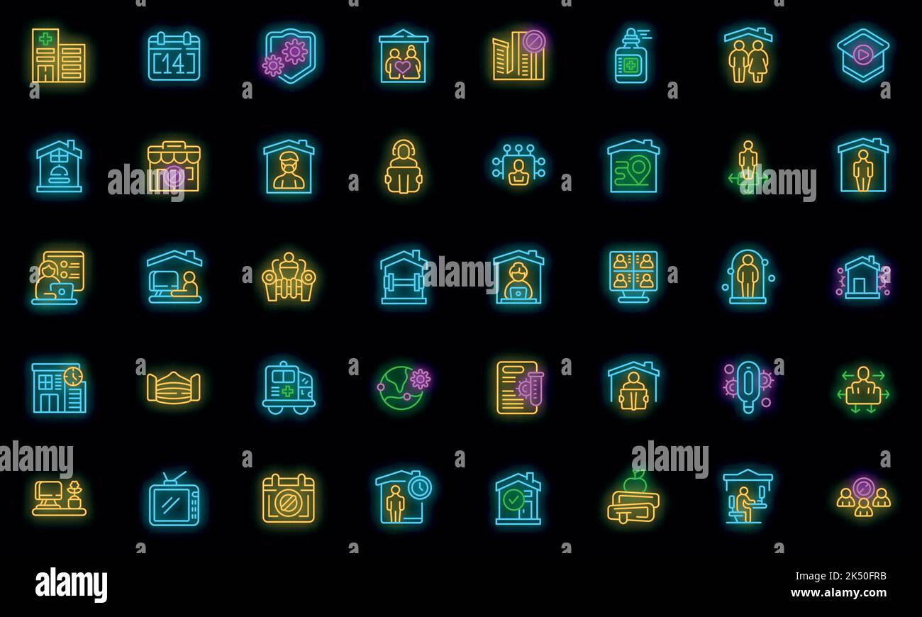 Self isolation icons set outline vector. Home house. Work safe vector neon Stock Vector Image ...