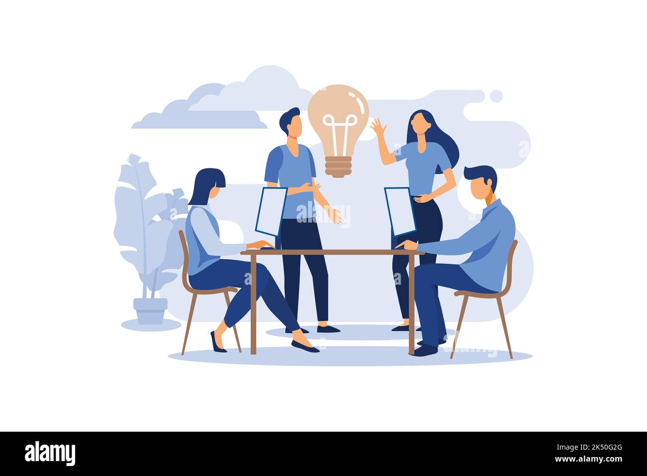 Business Meeting Teamwork Concept. Businessman and Woman Characters with Laptop. Colleagues ...