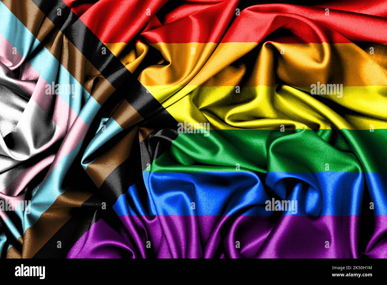 Satin flag with a print of the new Progress LGBTQ Rainbow flag Stock ...