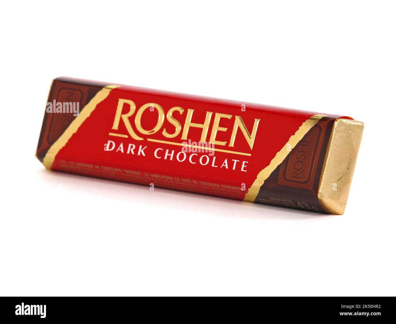 BUCHAREST, ROMANIA - SEPTEMBER 26, 2019. Roshen Dark chocolate bar ...