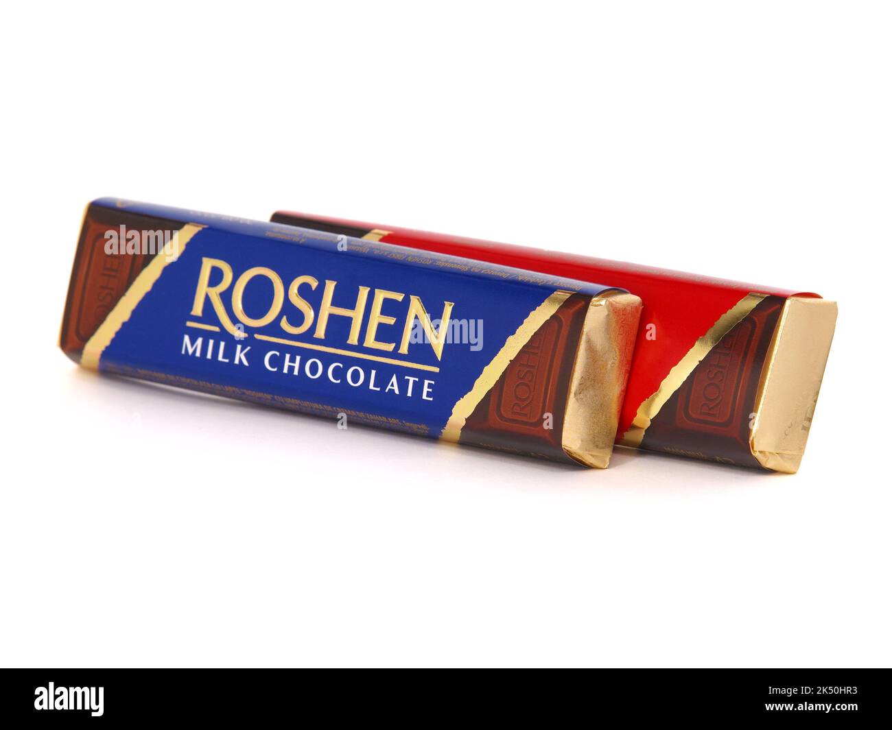 BUCHAREST, ROMANIA - OCTOBER 12, 2019. Roshen Milk and Dark chocolate ...