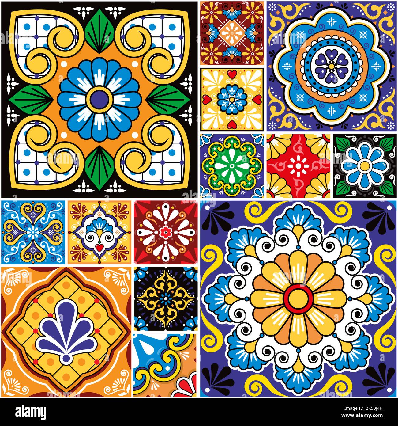 Mexican ceramic talavera tiles big collection, retro vector seamless ...