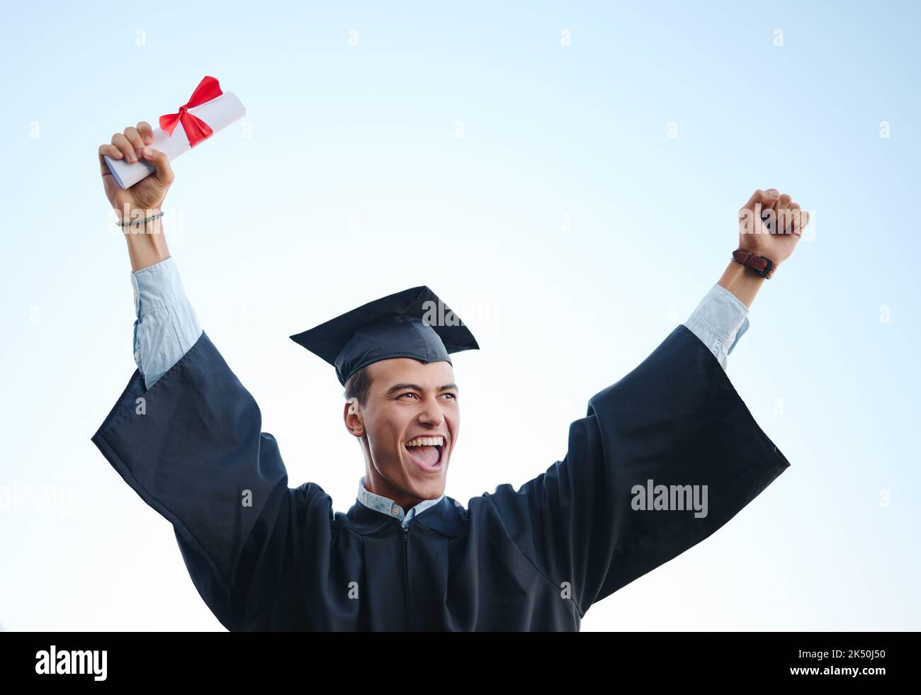 Education, success and student celebrating university graduation ...