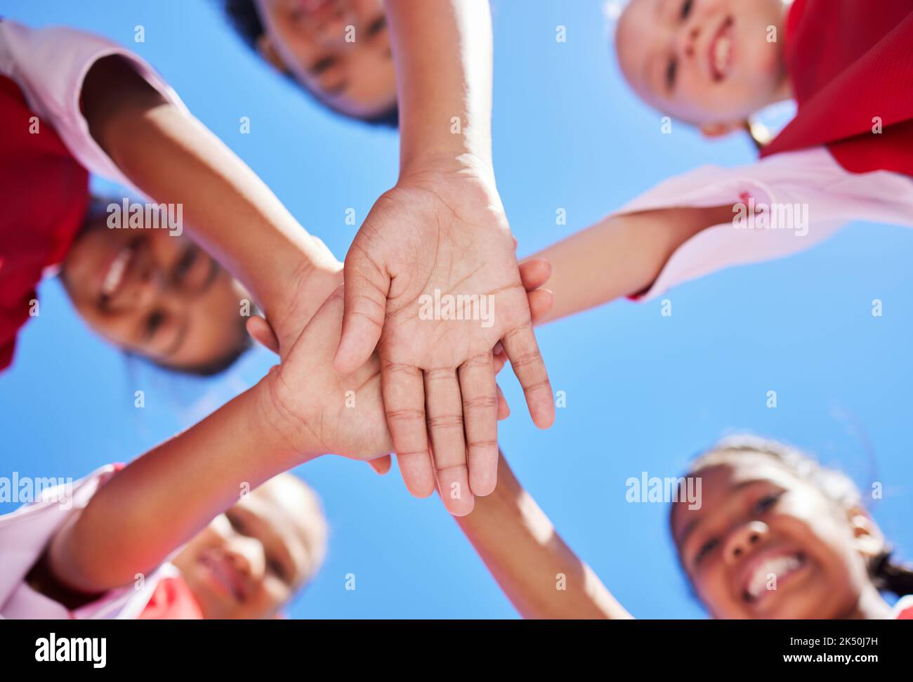 Hands, children and community with girl collaboration on environment ...