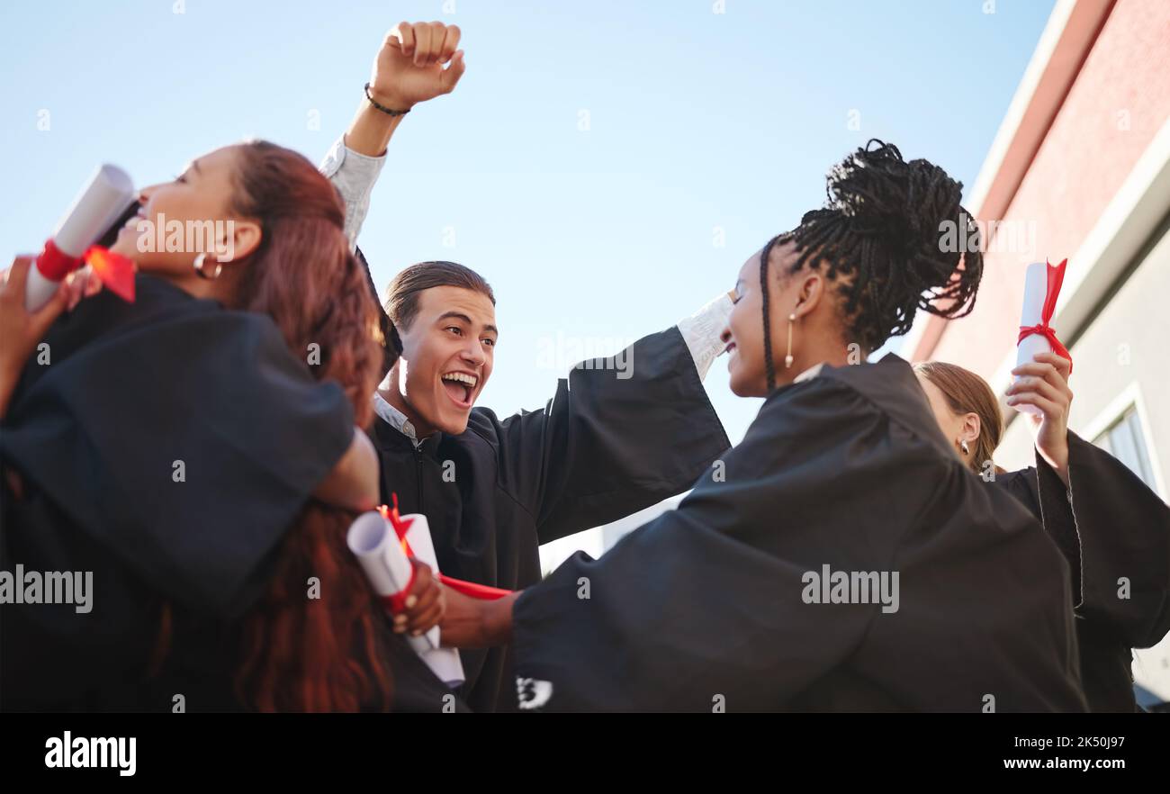 Celebration, happy and student graduation at a certificate, diploma and ...