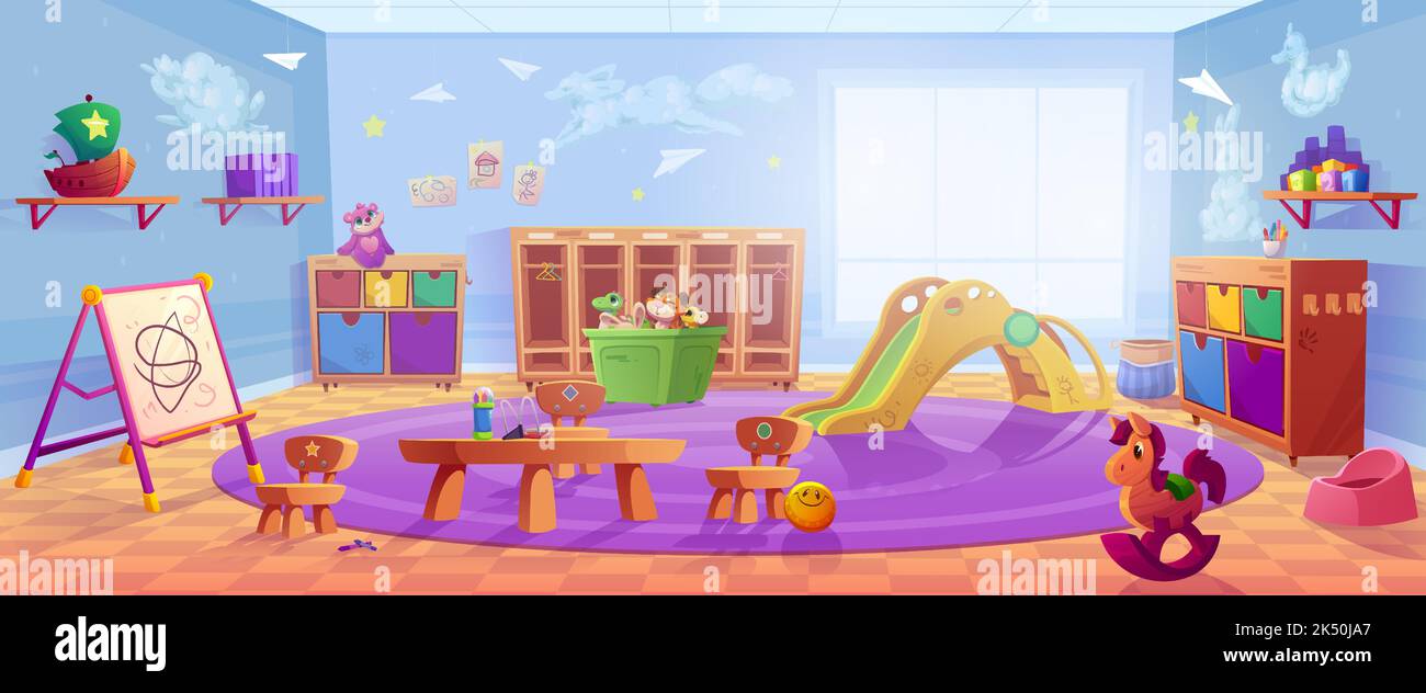 Kindergarten, nursery playroom with table, chairs, lockers, slide and ...