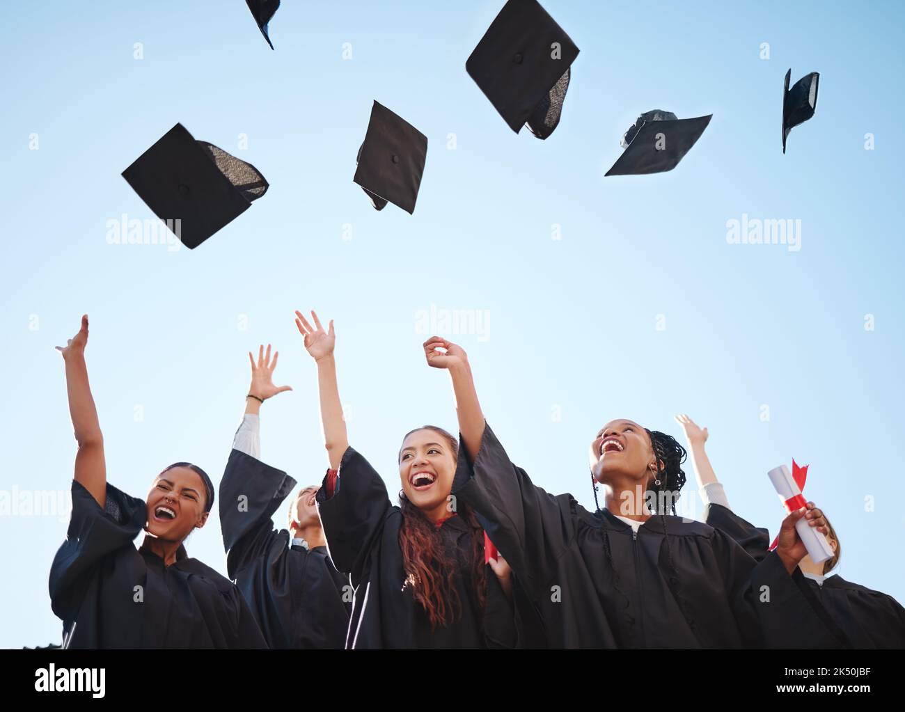 Graduation cap, student and graduate class happy at a diploma and ...