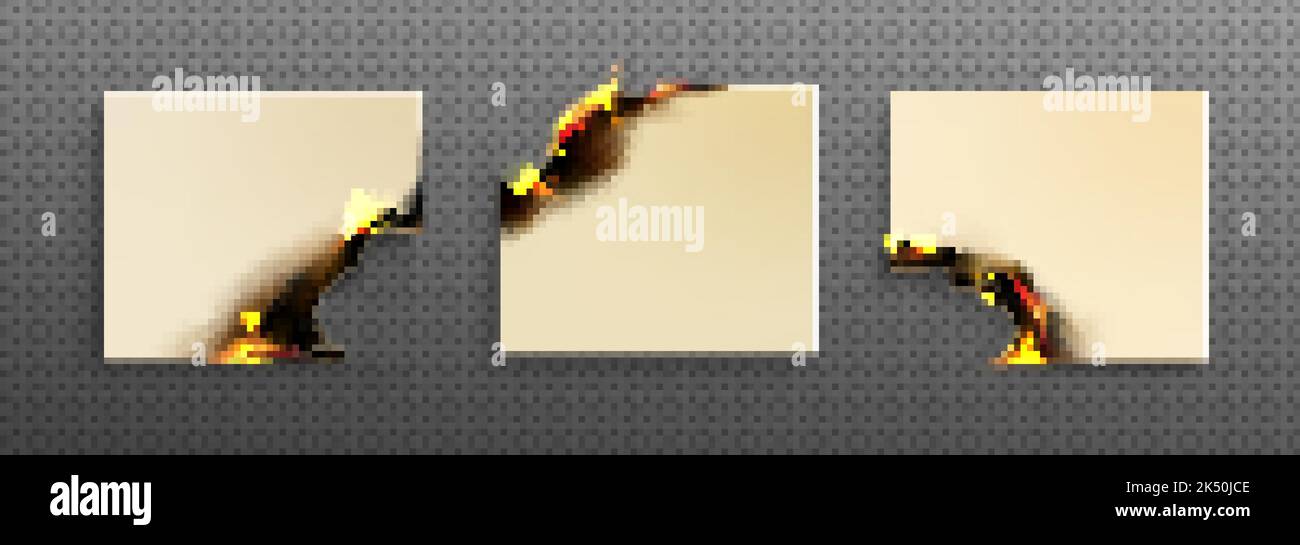 Square paper notes with burning angles, burnt pages with smoldering ...