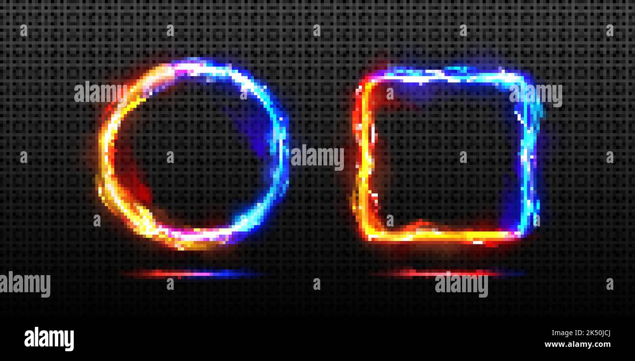 Abstract neon frames with fire and ice energy effect. Circle and square ...