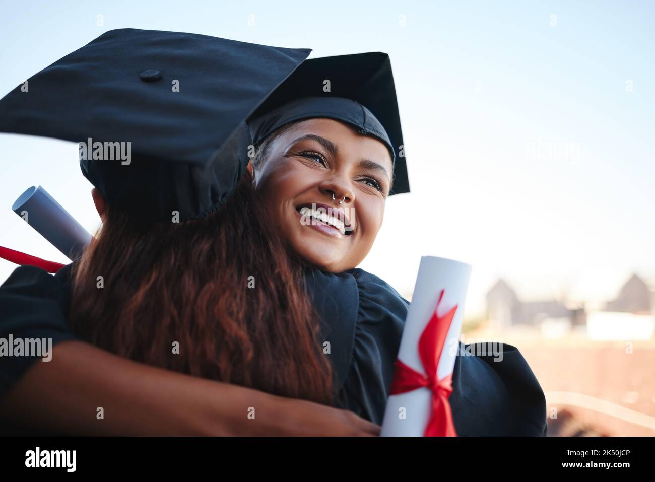 Success, graduation and friends hug at event in celebration of ...
