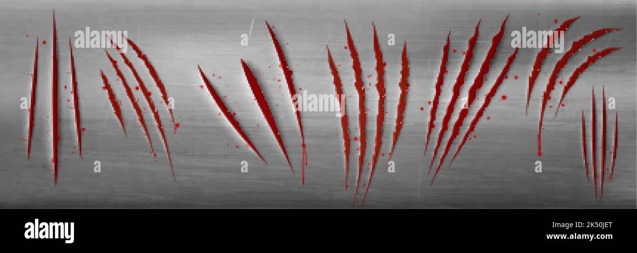 Metal texture with red scratches of wild animal claws. Torn slashes on ...