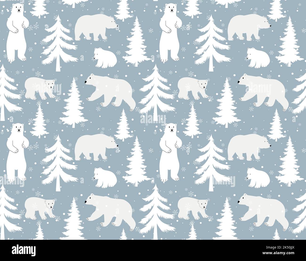 Seamless vector pattern with cute hand drawn polar bears, pine trees ...