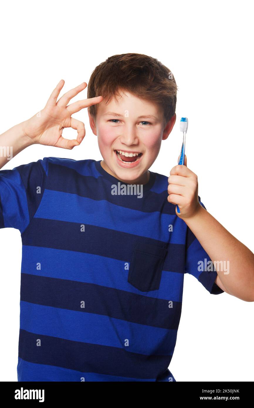 Dental hygiene is a-okay. Portrait of a young boy holding is toothbrush ...