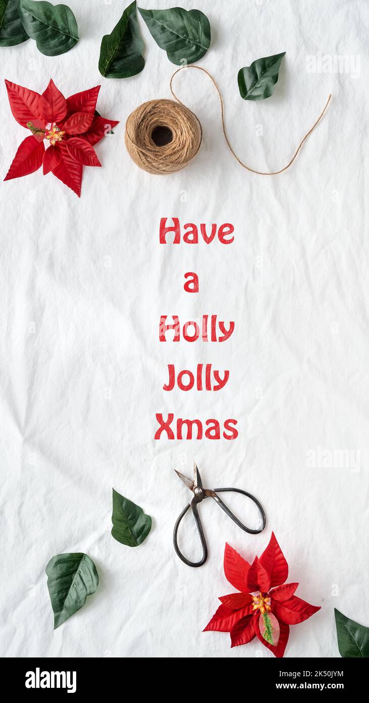 Christmas flat lay with copy-space. Red poinsettia, Xmas top view on ...