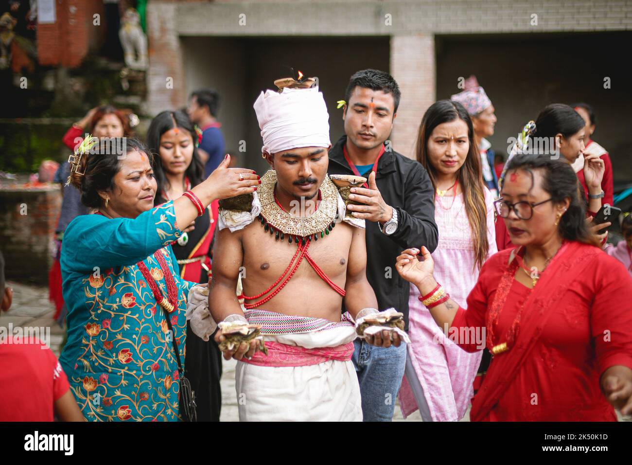 Bhaktapur, Nepal. 5th Oct, 2022. Nepalese Hindu devotees holds burning ...