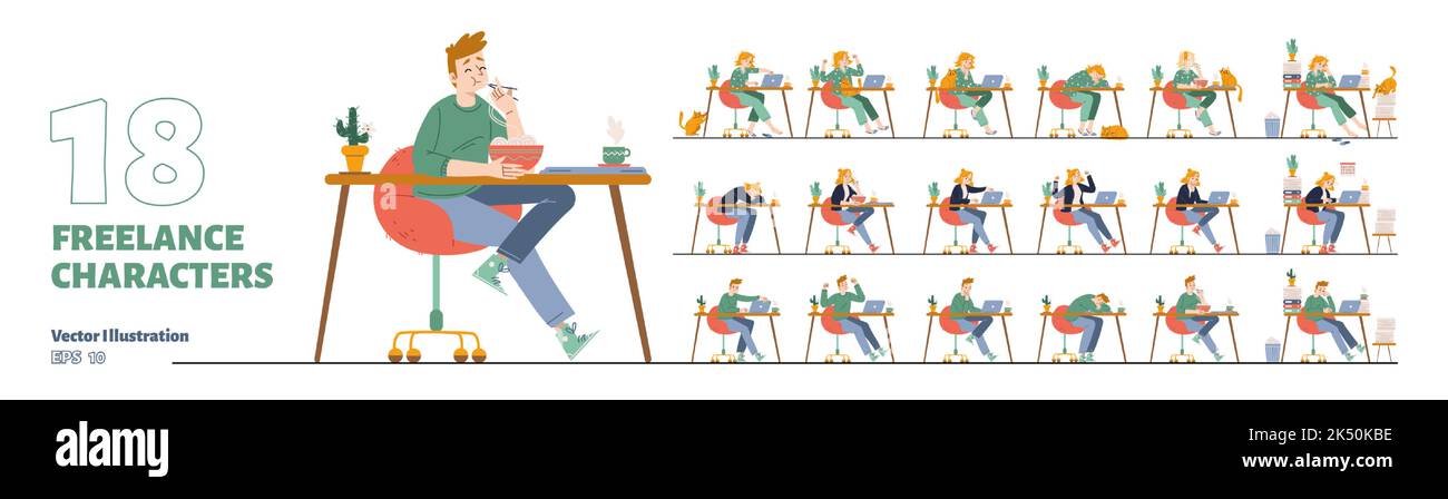 Flat set of 18 freelance characters isolated on white background ...