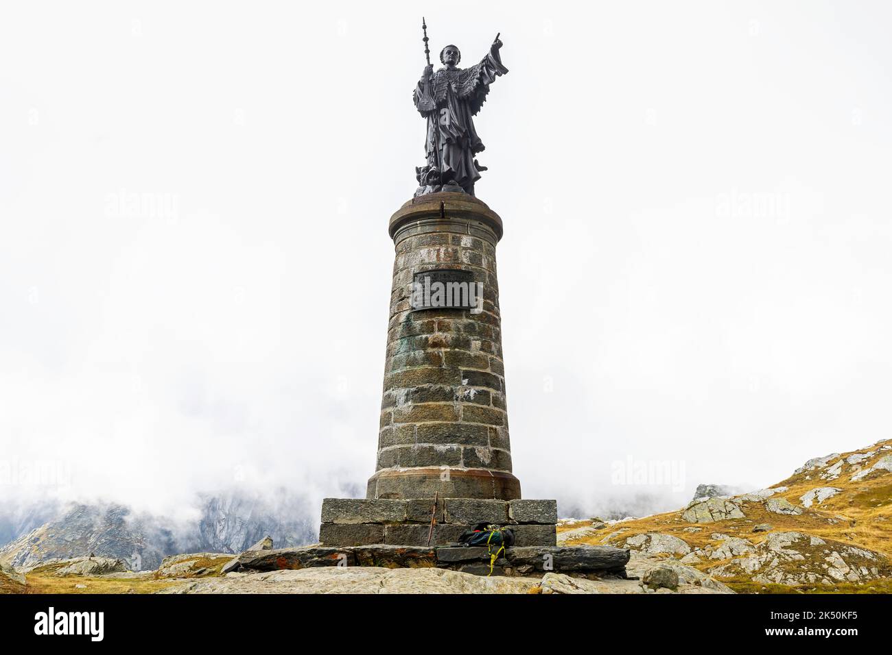 The bronze statue of St Bernard on a pedestal on the Italian side of ...
