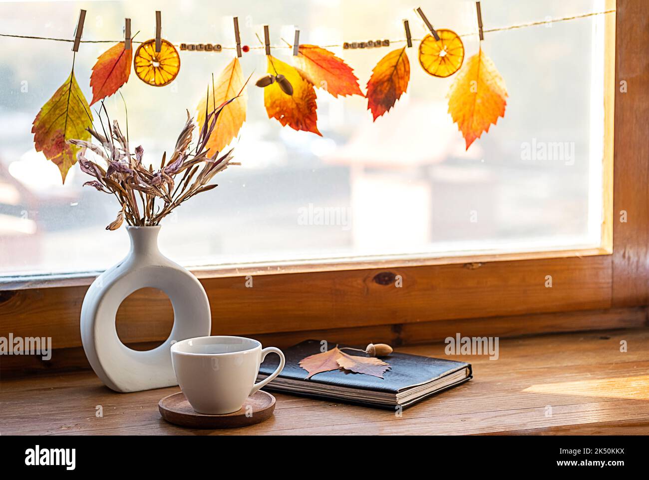 Autumn aesthetic still life on windowsill. Fall home decorating Stock ...