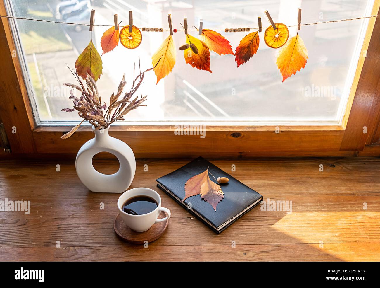 Autumn aesthetic still life on windowsill. Fall home decorating Stock ...